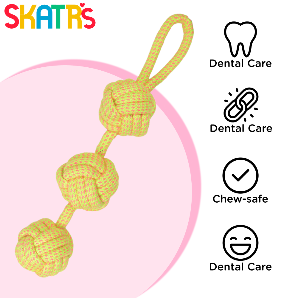 Skatrs 3 Ball Rope Tug Toy for Dogs and Cats (Yellow)
